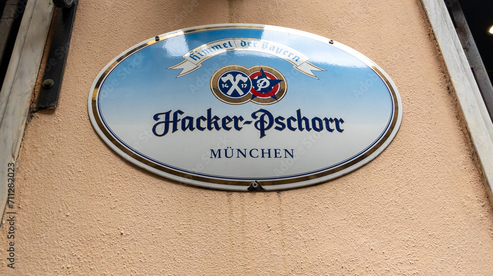 Hacker Pschorr logo brand and sign text on facade board bar wall ...