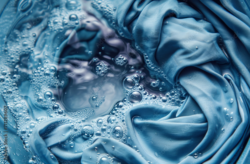 Wet clothes, laundry and soap water for laundromat business, housework ...