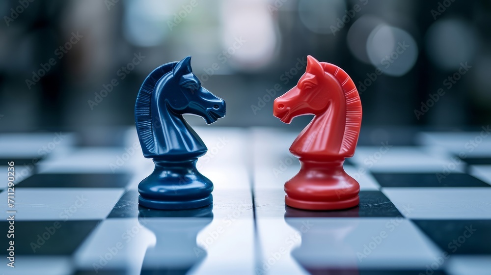 Red and Blue Chess Knights Face Off on a Board, Symbolizing Strategy ...