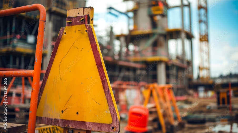 Vibrant yellow and orange safety sign at a bustling urban construction ...