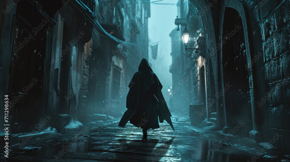 Through the mistcovered streets, a shadow assassin glides, their ...