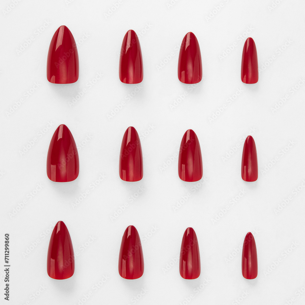 realistic set of colored false nails adhesive isolated on white ...