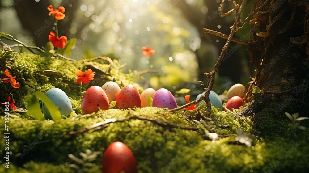 Mystical forest background with hidden Easter eggs scattered among the ...