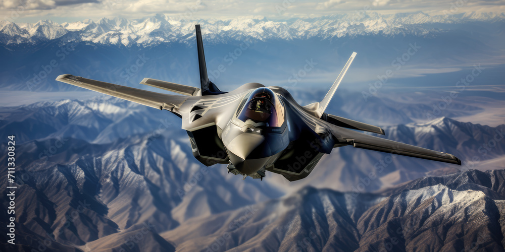 Dynamic front view of an F-35 fighter jet flying high in the sky with ...