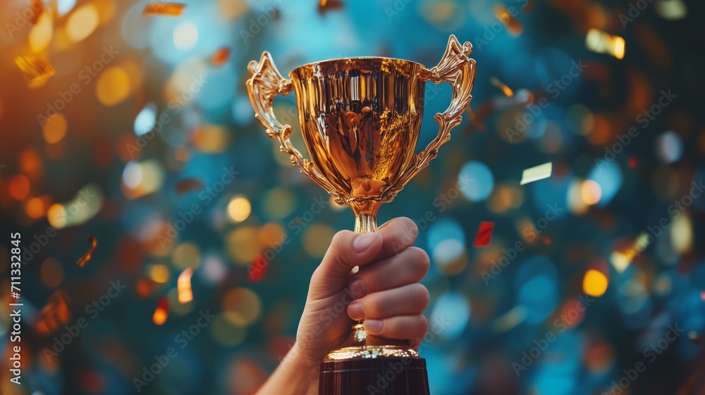 hand holding up a gold trophy cup with grunge wall background copy ...