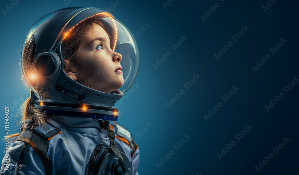 Young girl in a space suit wearing helmet like the cosmonaut isolated ...