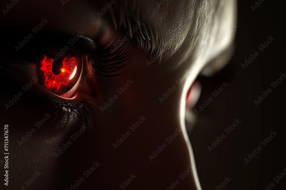 Woman's red eye in the dark. Piercing eyes. Burning demonic eyes. Copy ...