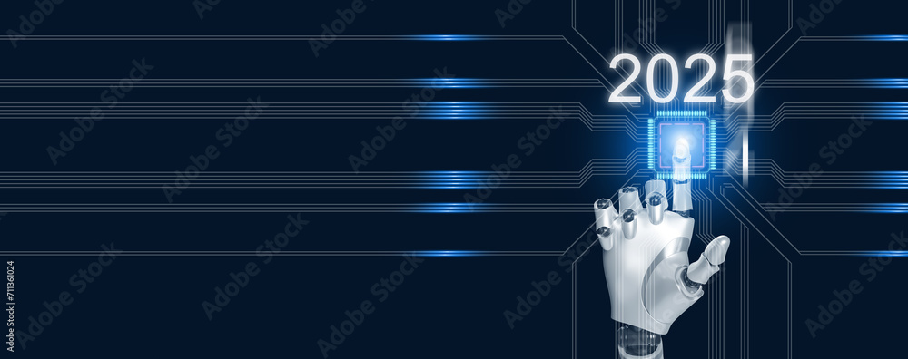 Happy new year 2025. Artificial intelligence, Ai, Robotic hand tapping on the CPU to change the ...