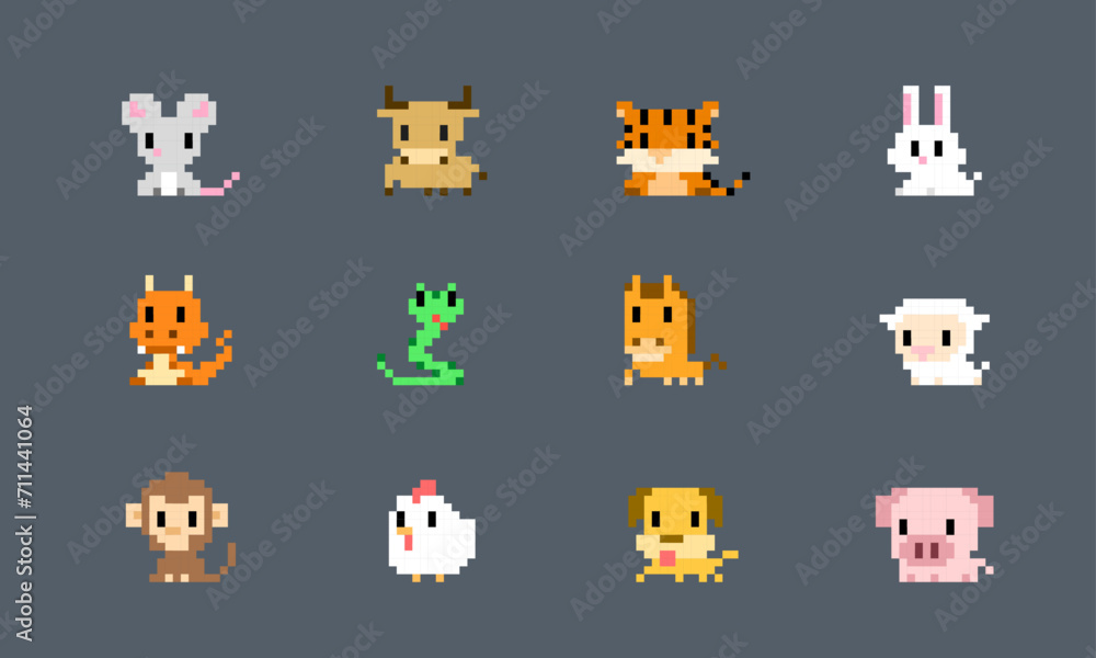 Pixel art icon set. Pixel animals. Chinese zodiac signs. Rat, Ox, Tiger ...