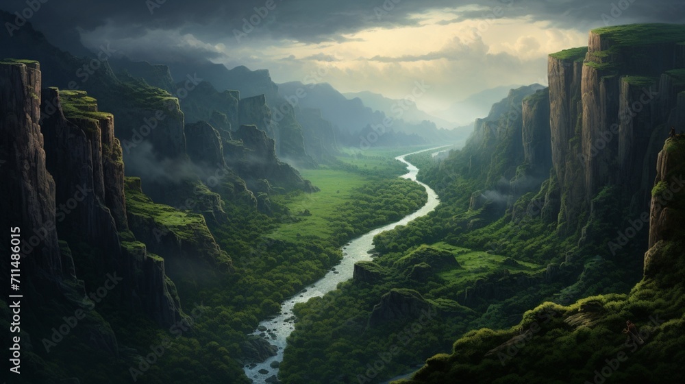 An ultra-realistic depiction of mountainous cliffs and valleys, a ...