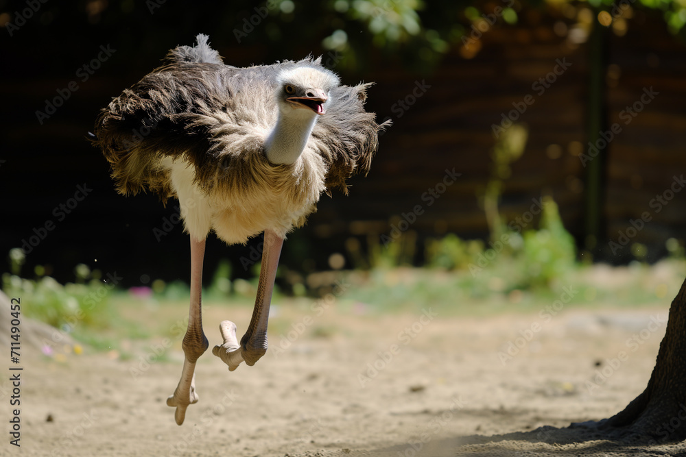 Frightened thick ostrich running with high speed along the road ...