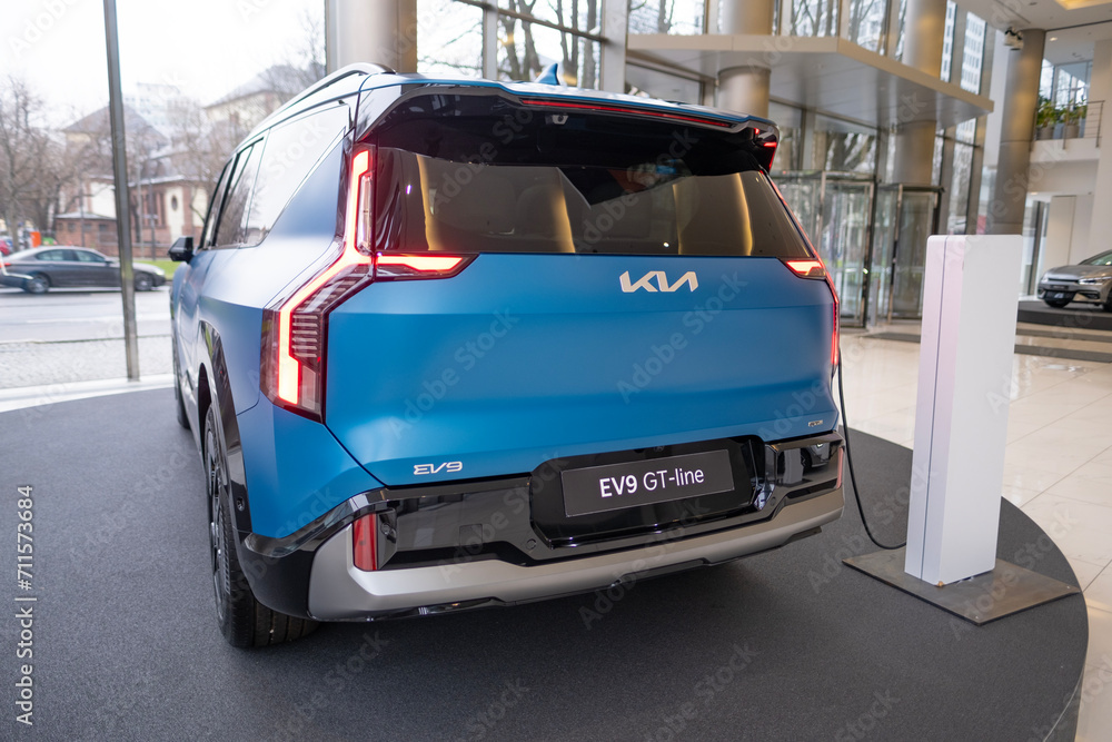 new blue electric Kia EV9 GT-Line AWD, South Korean ev 2024 in showroom ...