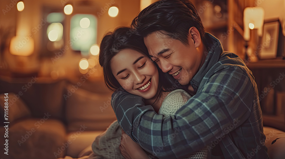 Asian young man and woman hugging each other in living room at home ...