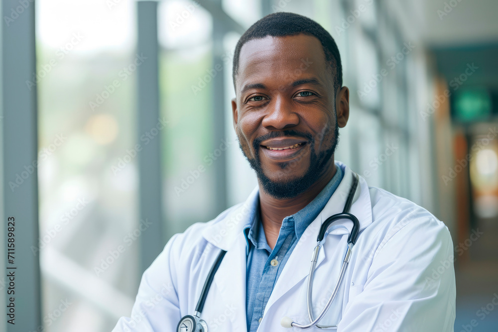 A Smiling Black Doctor Poses with a Stethoscope in a Hospital Corridor ...
