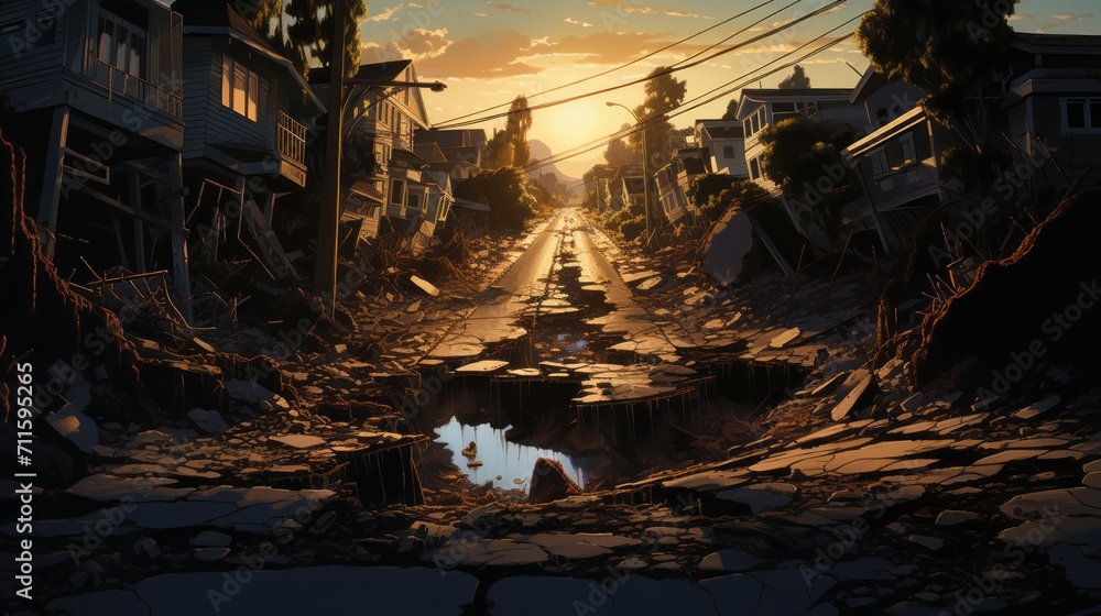 Dramatic street scene highlighting the aftermath of an earthquake with ...