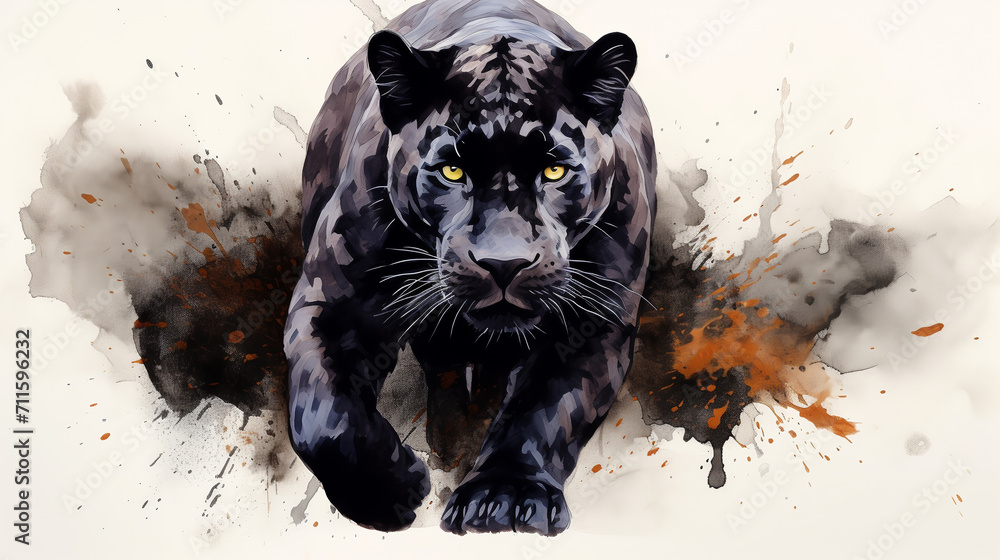 Black Panther watercolor painting. Walking and looking forward. Black ...