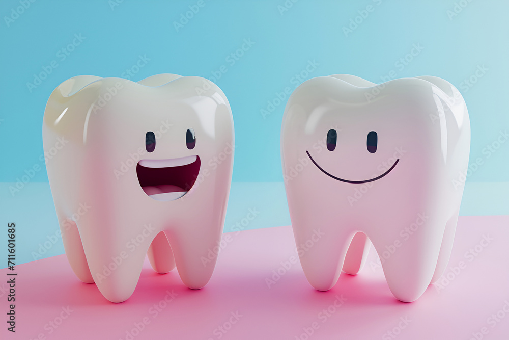 Cute smiling 3D tooth models on colored background. Cartoon teeth ...