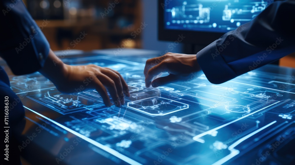 Futuristic engineering blueprint or schematic diagram, incorporating ...