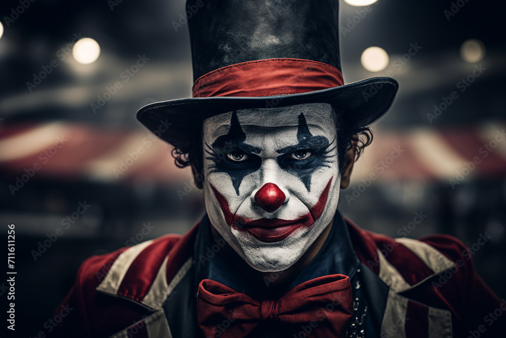 Circus performer clown magician showman in retro costume miracle time ...