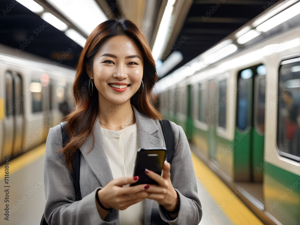 Joyful Asian female commuter smiles while using her smartphone at the ...