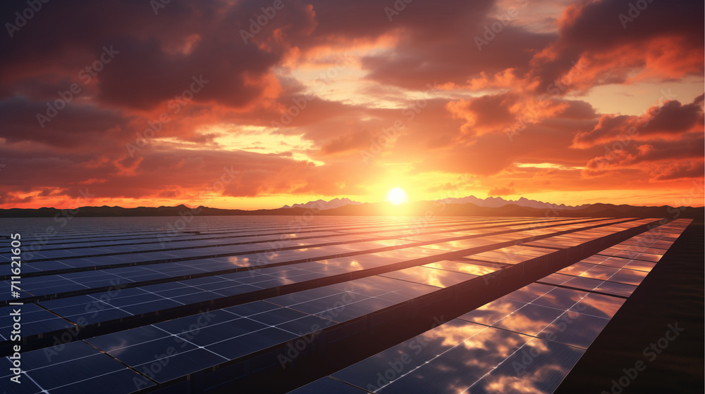 Aerial looking over a modern solar farm at sunrise, Photovoltaic (PV ...