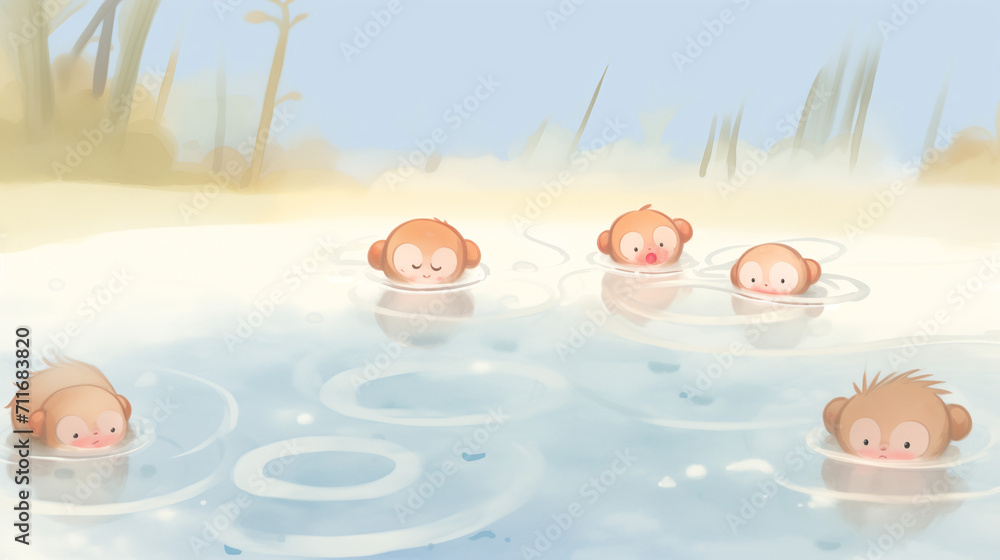 Snow monkeys bathing in a hot spring water color, cartoon, hand drawing ...