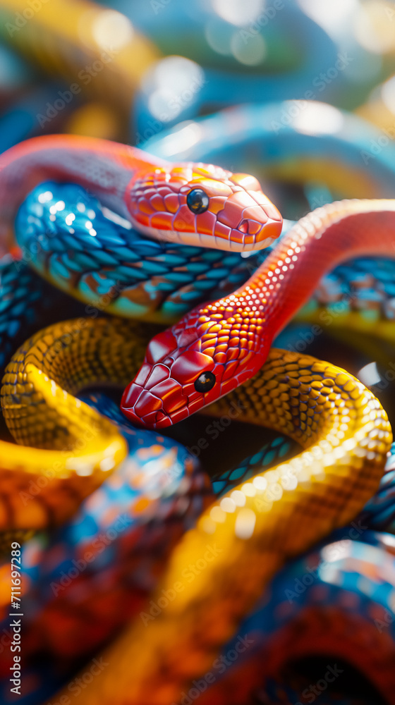 Vibrant colored snakes intertwine, showcasing a mix of red, orange, and ...
