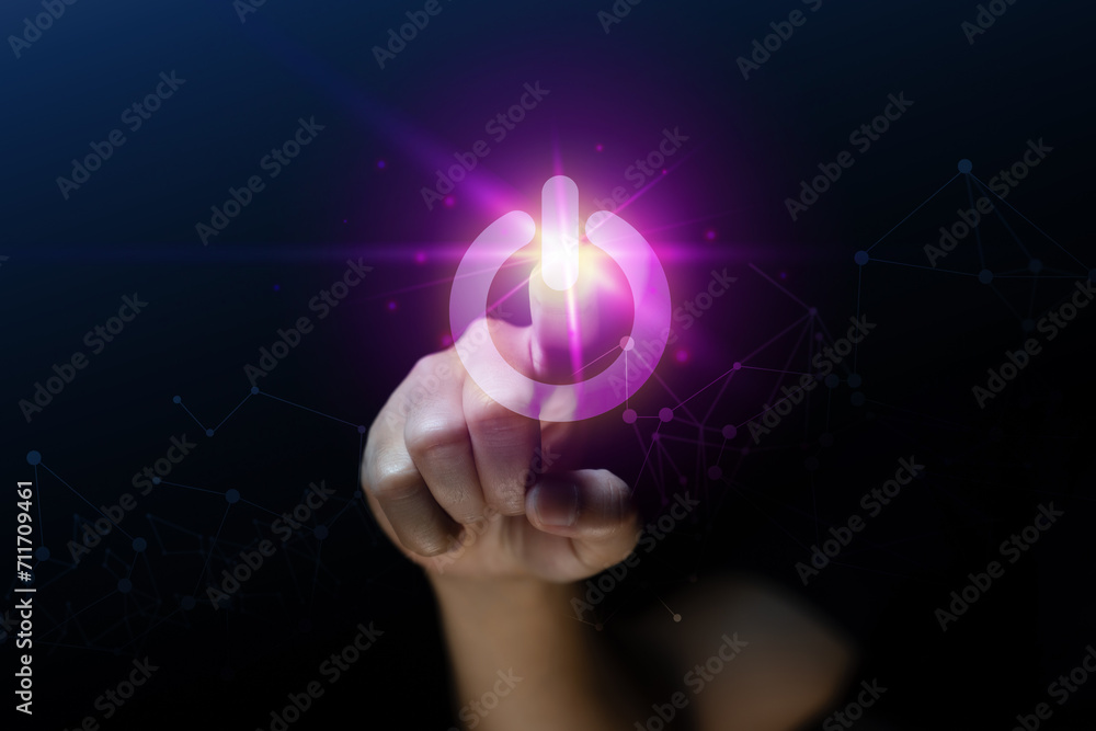 Finger about to press a power button. Hardware equipment concept ...