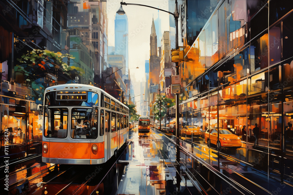 A bustling cityscape seen from the window of a double-decker bus ...