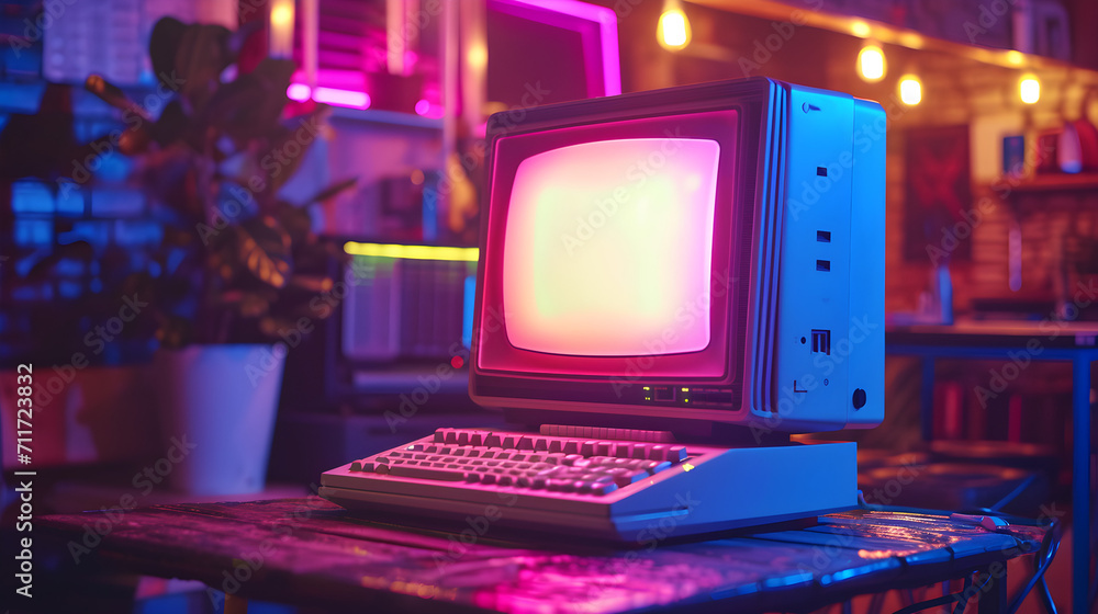 A vintage computer with a CRT monitor from the 80s or 90s, with neon ...