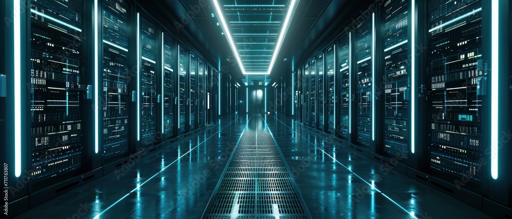 Envision a visually captivating server room, Rows of high-tech servers ...
