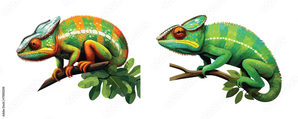 Set of chameleon lizards with tree branches, cartoon reptile, vector ...