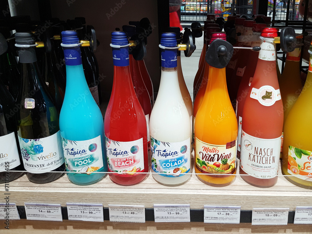 Minsk, Belarus. Apr 15, 2022. Light alcoholic drinks on rack in ...