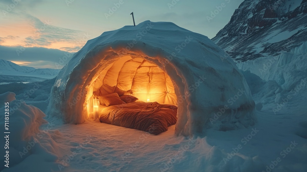 Polar Adventure, Lone Explorer Resting Inside a Lit Igloo During a Polar Expedition, Interior ...