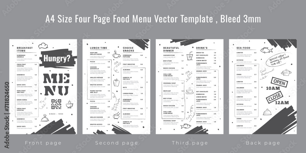 Restaurant cafe menu, template design, A4 size four page food menu ...