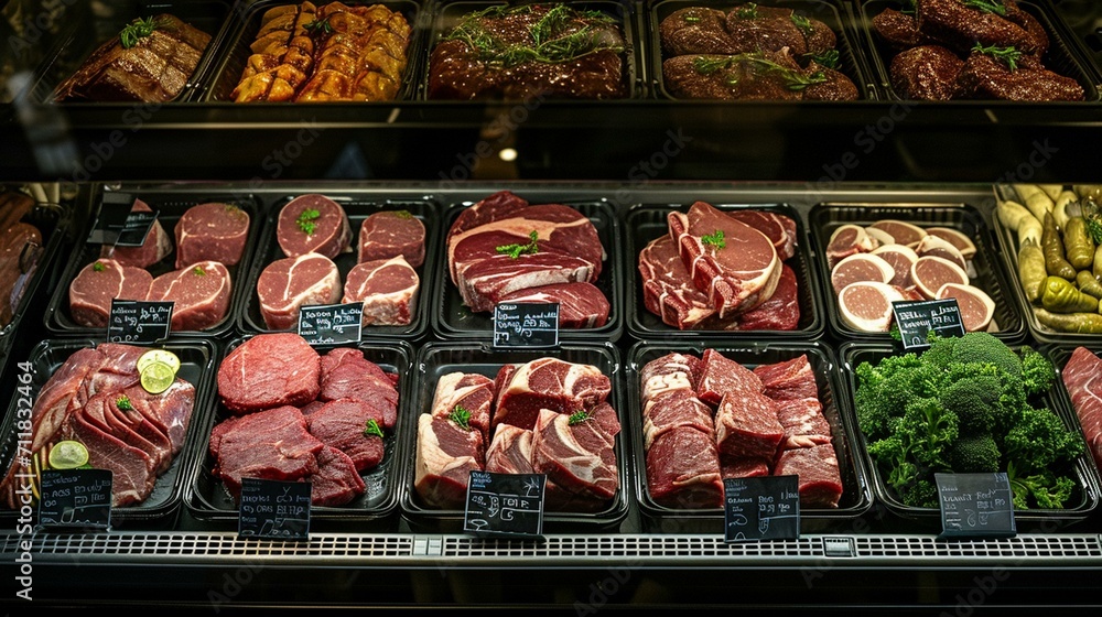 Aerial view of a display case with various cuts of fresh, raw beef ...