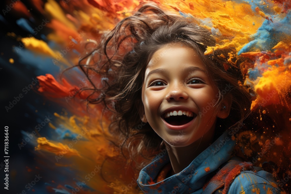 A joyful girl captured in a vibrant explosion of color, her open mouth ...
