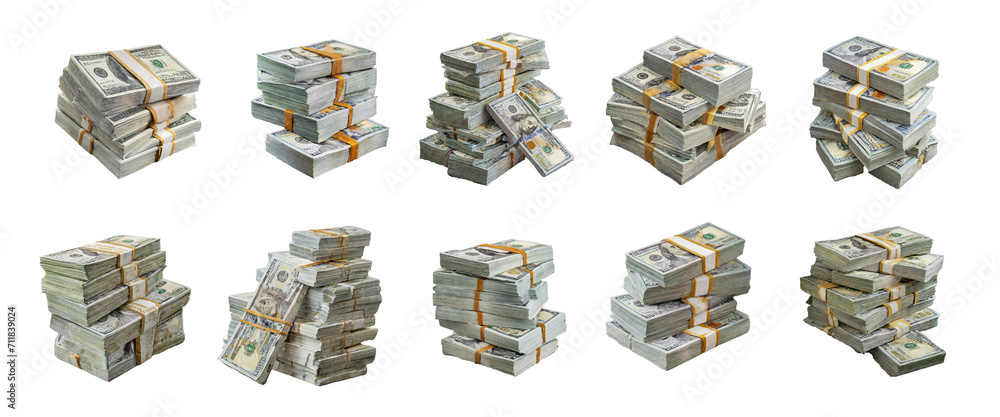 Collection of money pile of packs of hundred dollar bills stacks ...