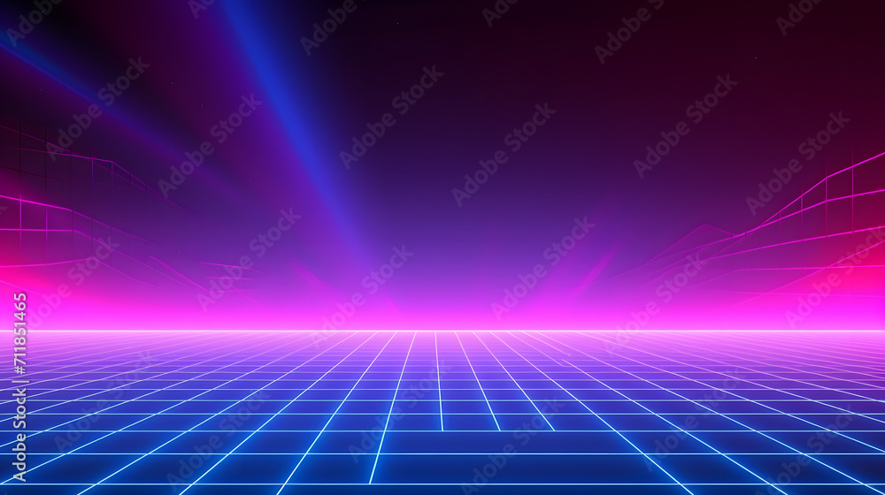 80s Retro Sci-Fi Background Futuristic Grid landscape. Digital cyber ...