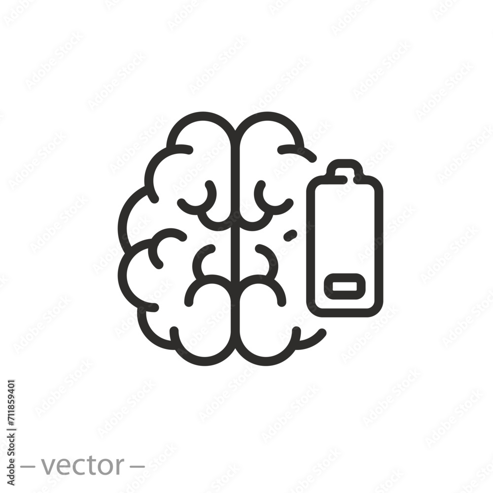 battery brain low level energy icon, exhausted or tired, fatigue and ...