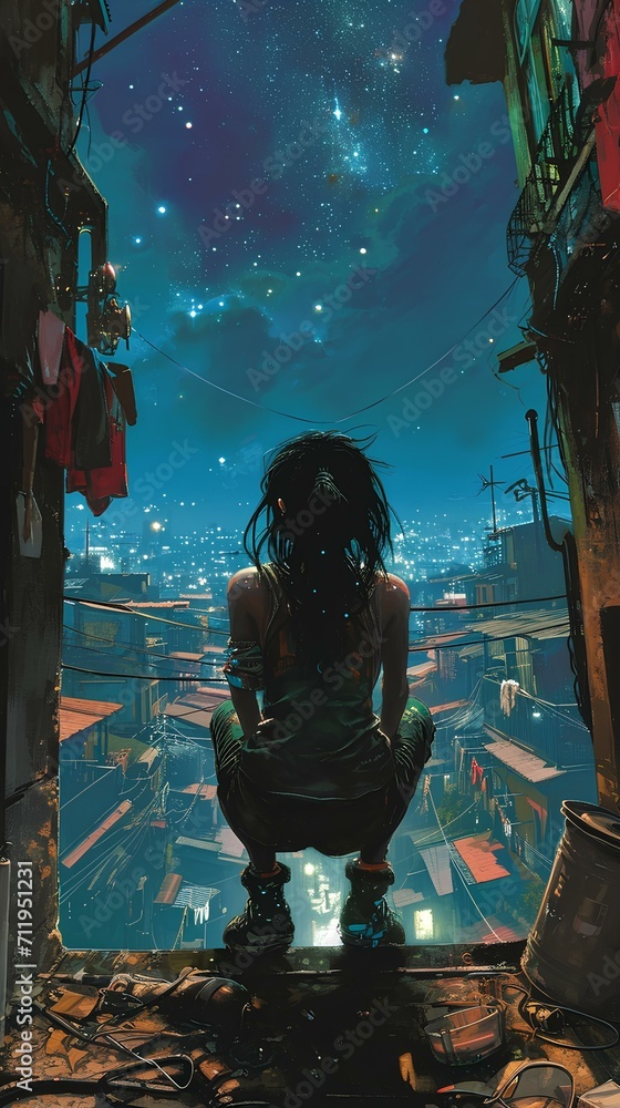 a comics artwork of japanese girl in a squatting pose, a dark alley in ...