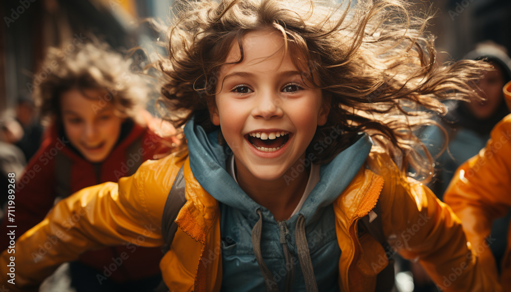Smiling child enjoys playful outdoor activities with cheerful family ...