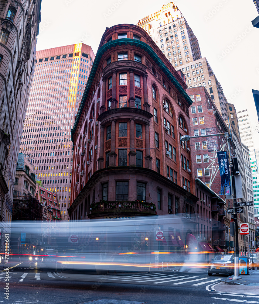 Delmonico's restaurant on William Street in New York City with moving ...