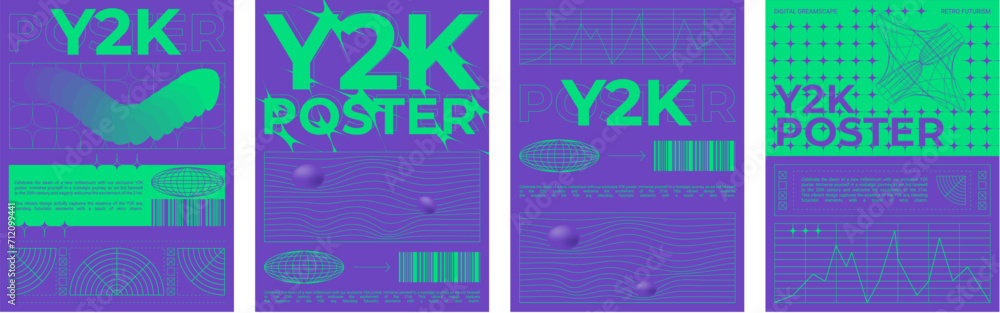 Poster template in y2k style with distort grid pattern and shapes on ...