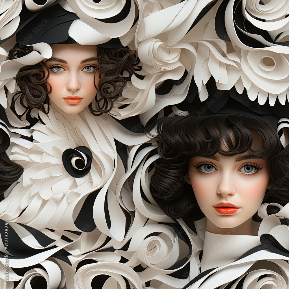 seamless pattern of models curly hair and 3D swirly black and white ...