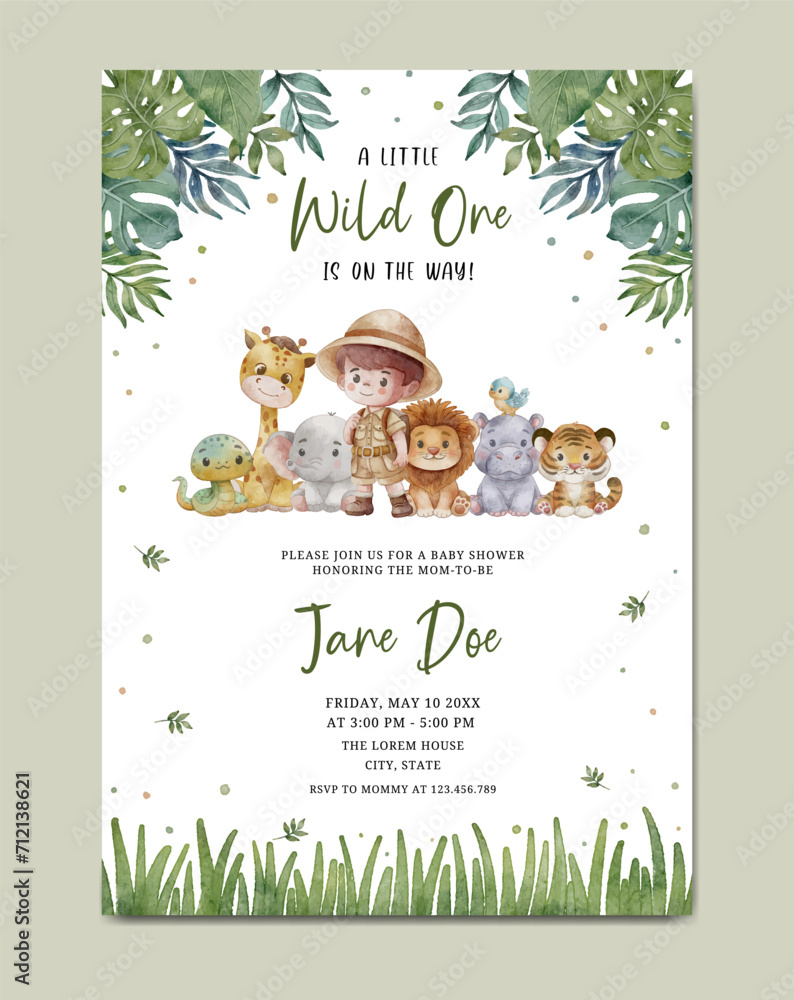 baby shower invitation safari theme watercolor template background ...