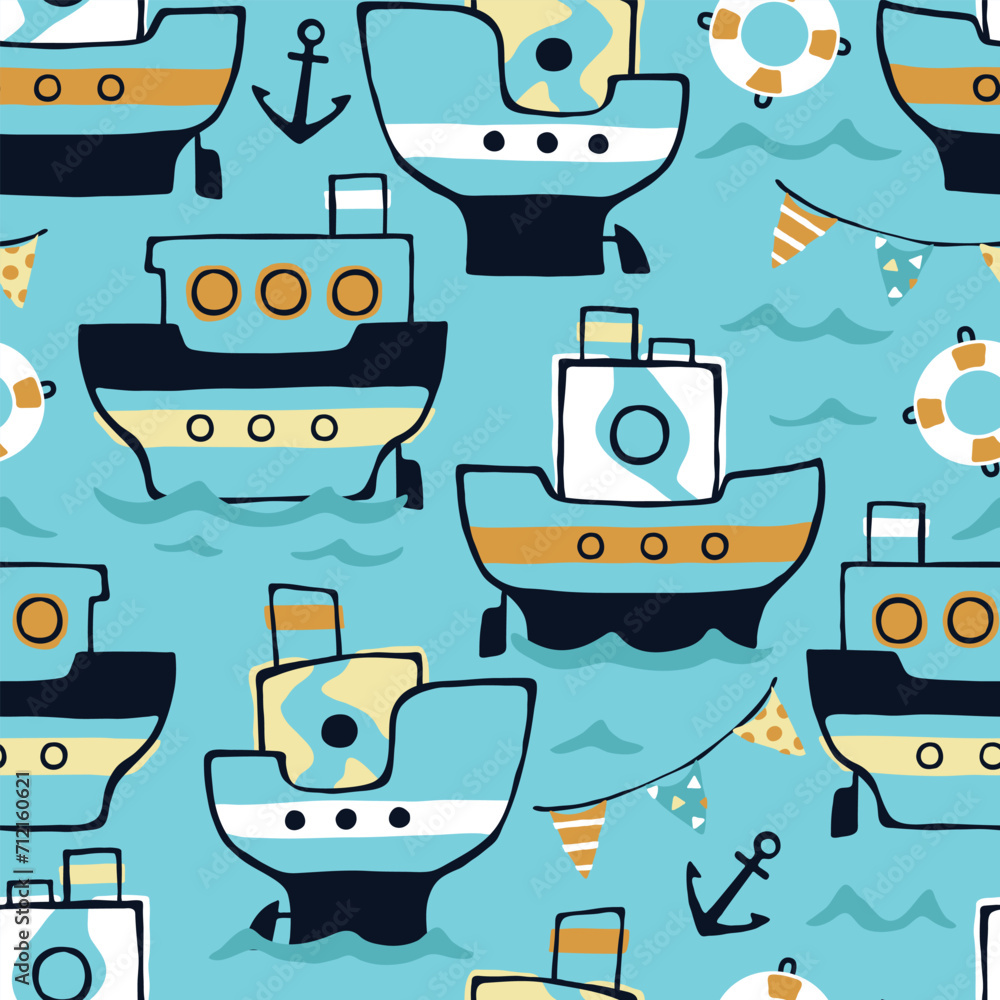 Vector seamless pattern of boats with sailing elements in doodle arts ...