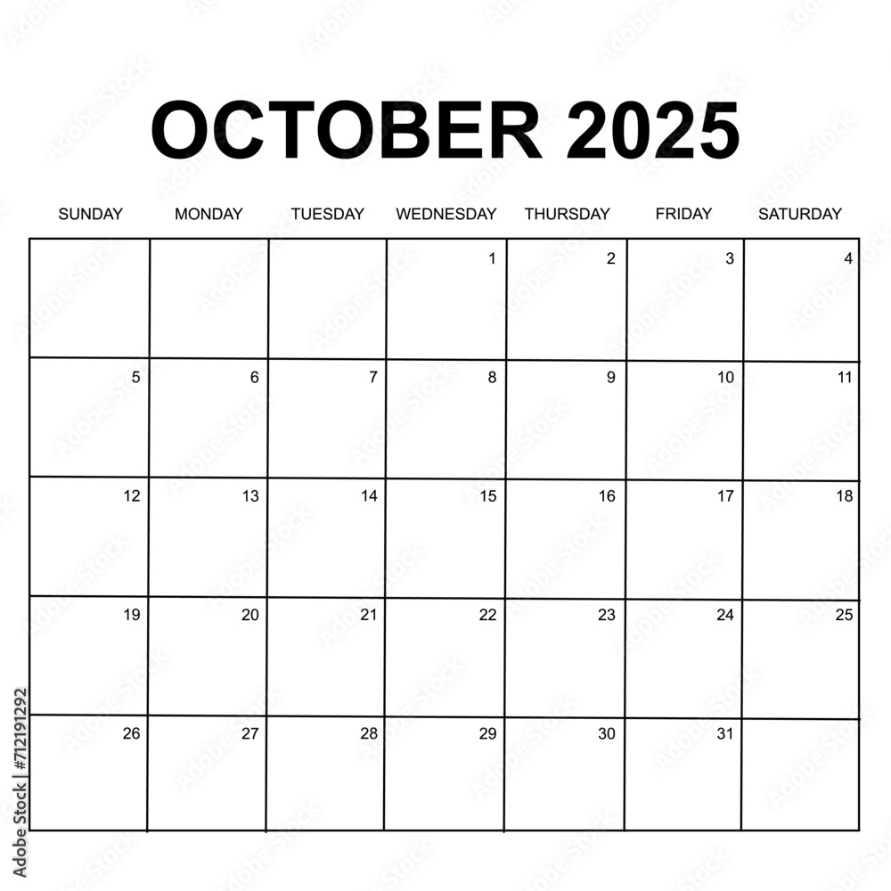 october 2025. Monthly calendar or planner design. week starts on Sunday ...