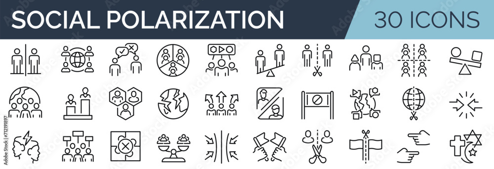 Set of 30 outline icons related to social polarization. Linear icon ...