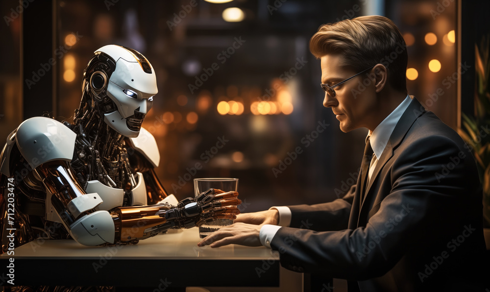Futuristic encounter between a businessman and humanoid robot in an intimate setting ...